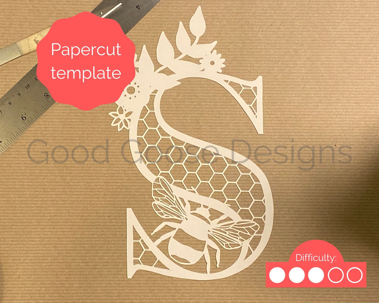 Letter S papercutting template bee honeycomb flowers | Etsy