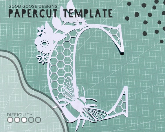 Letter C Papercut Template Bee Honeycomb Flowers | Etsy