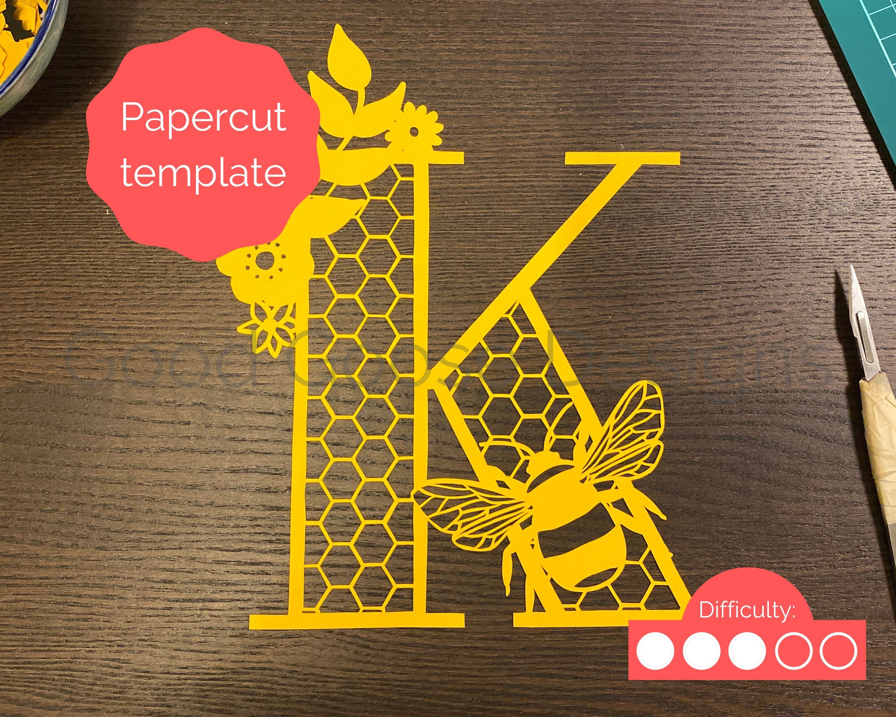 Letter K papercut template honeycomb bee flowers | Etsy