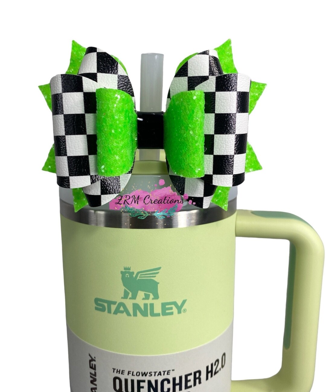 Neon Green & Checkered Straw Bow Topper, Stanley Cup Accessories ...