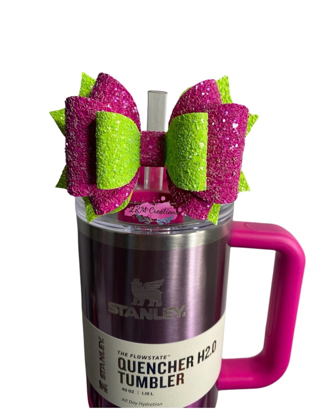 Hot Pink & Neon Green Bow Straw Topper, Stanley Cup Accessories, Bows ...