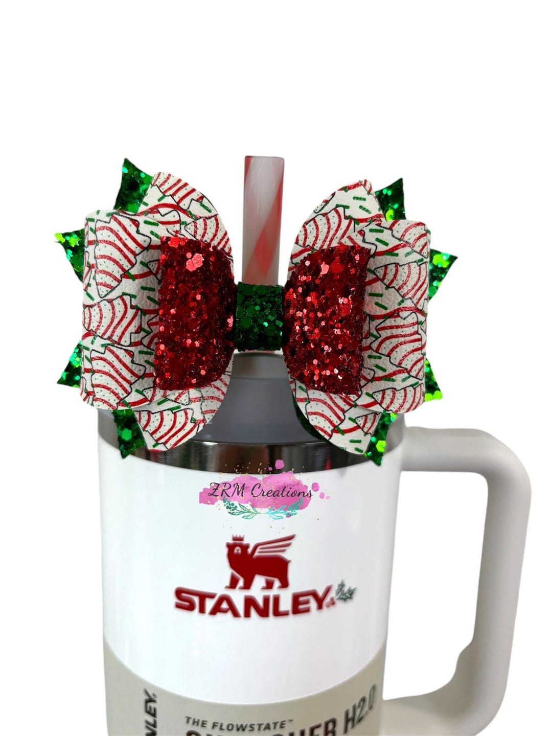 Stanley Christmas Tree Cake Bow Straw Topper, Glitter Stanley Tumble ...