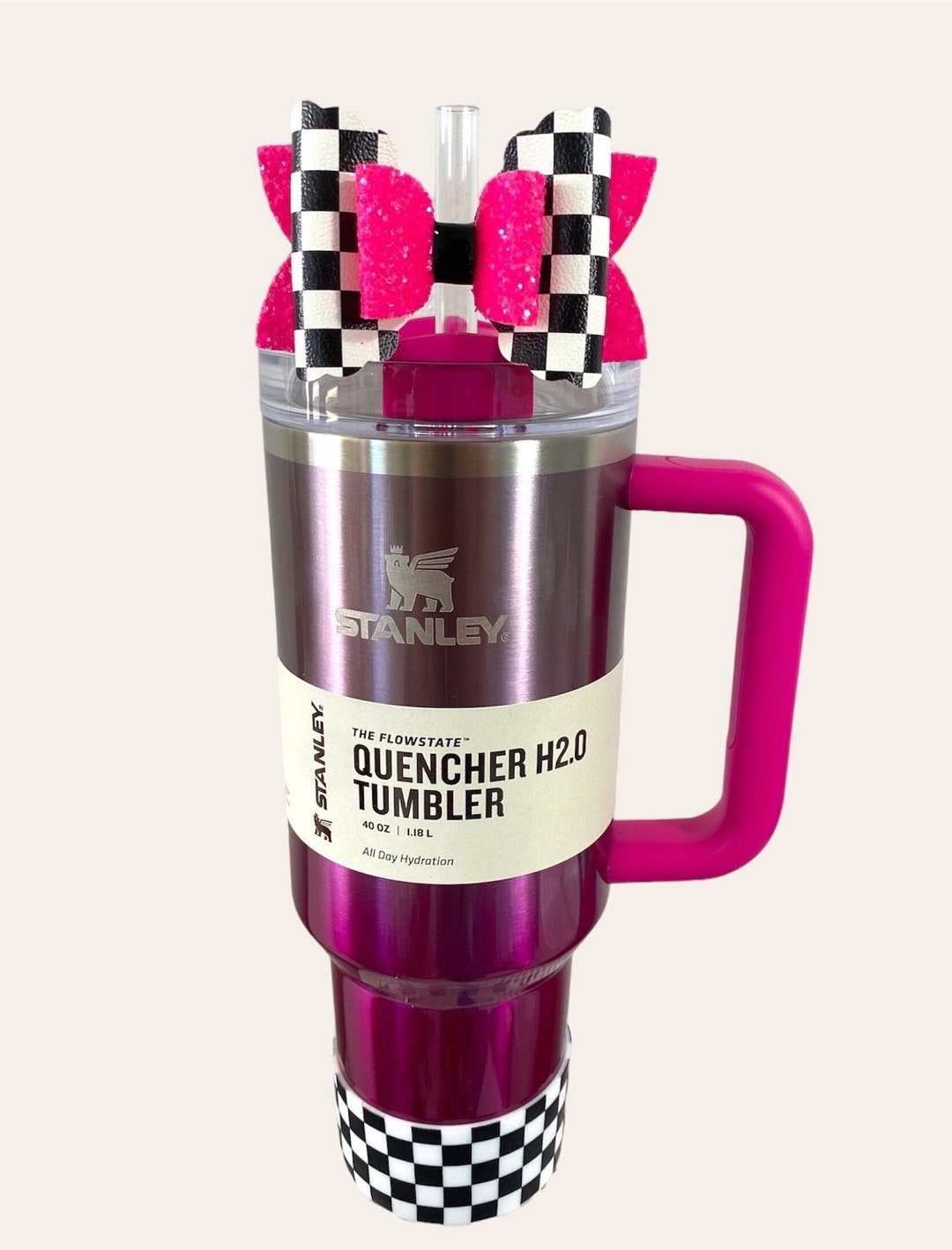 Neon Pink Checkered Bow Straw Topper for Stanley Cup, Straw Bow Topper ...