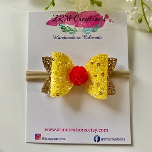 Yellow Glitter Hair Bow, Belle Hair Bow, Belle Headband, Belle Hair ...