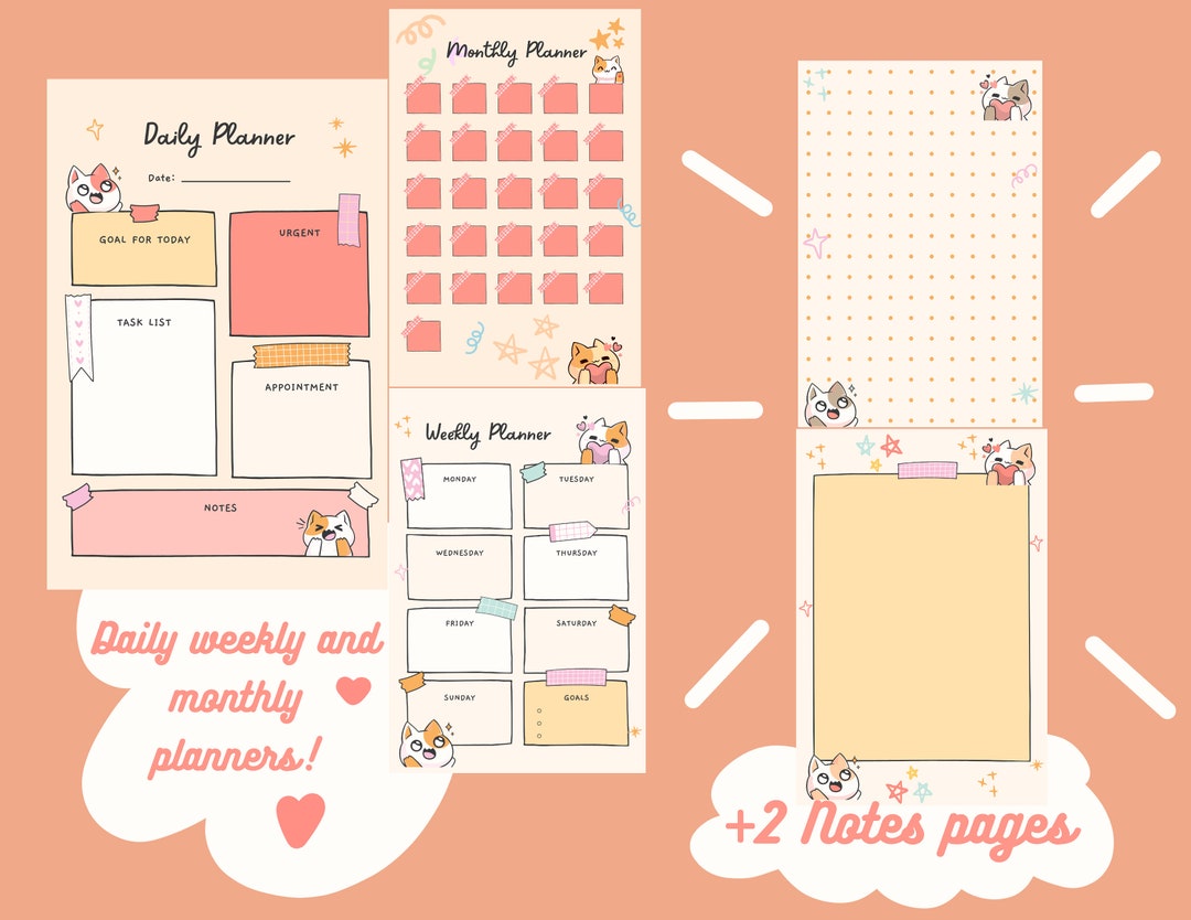 Cute Cat Themed Planner Printables Daily Weekly Monthly Back to School ...
