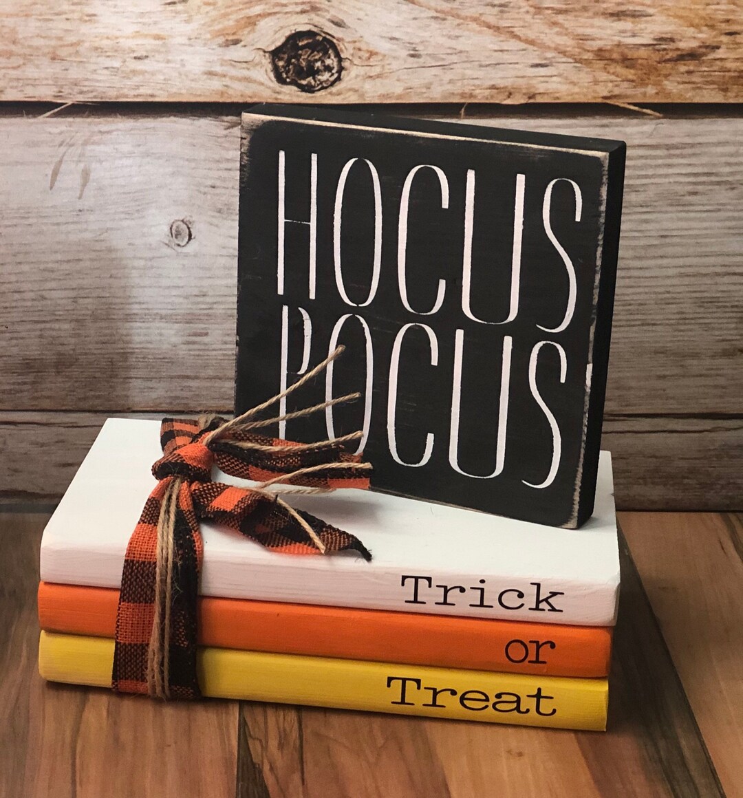Trick or Treat, Wooden Book Stack, Candy Corn Decor, Halloween Decor ...