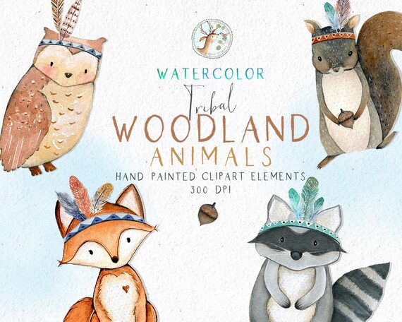 Woodland Tribal Animals Clipart Watercolor Tribal Clipart - Etsy