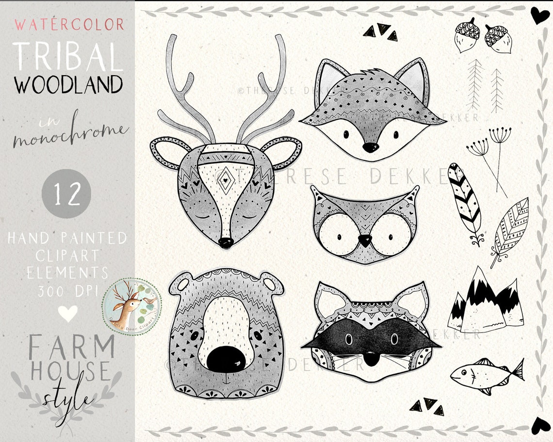 Woodland Animals Clipart Tribal Woodland Animals Clipart - Etsy
