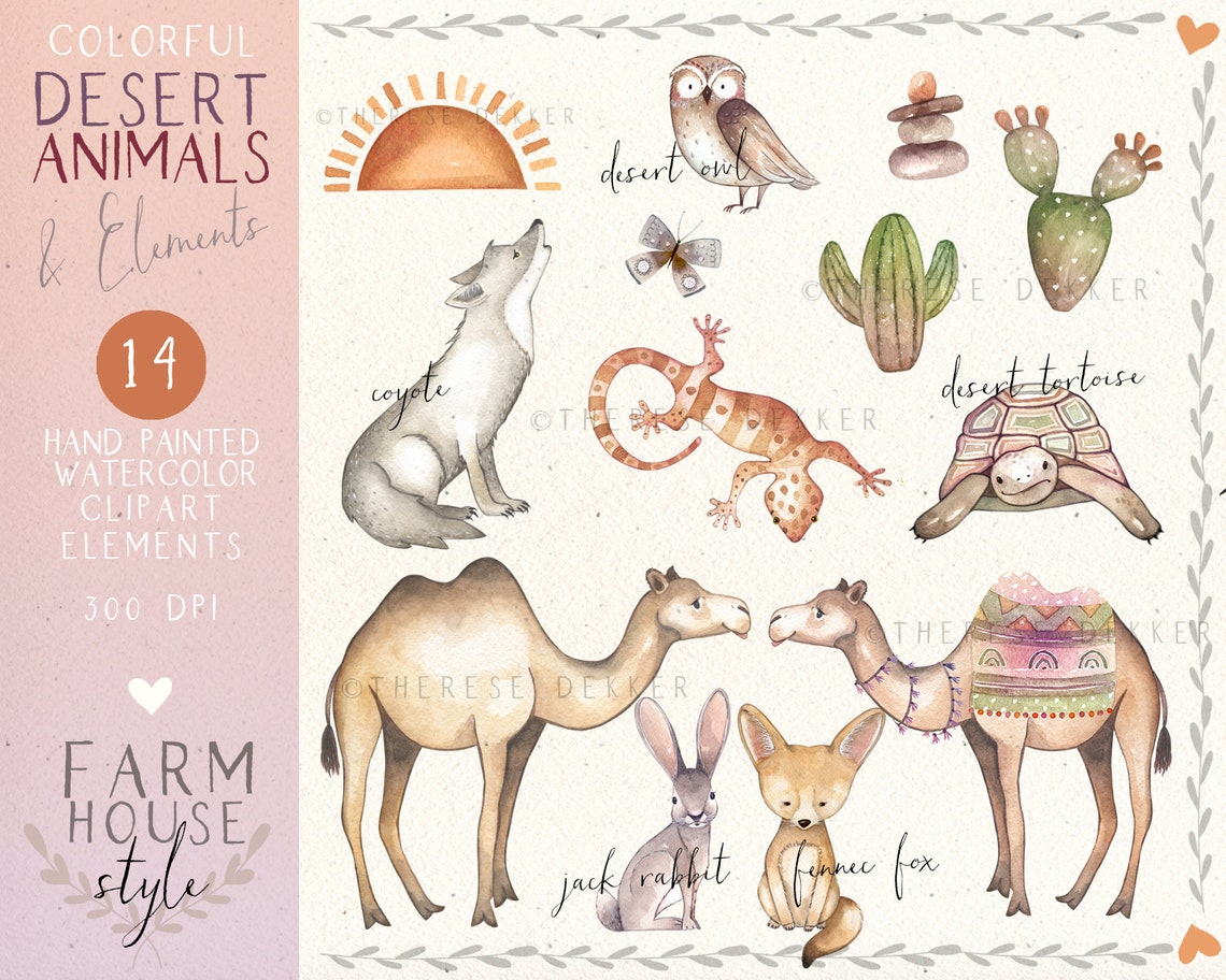 Watercolor Desert Clipart, Watercolor Desert Animals Clip Art, Fennec ...