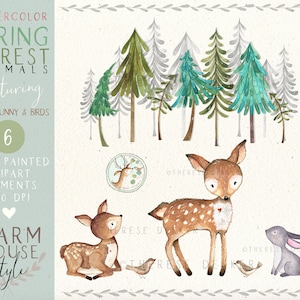 Watercolor Woodland Clipart, Forest Animals Clipart, Watercolor Deer ...