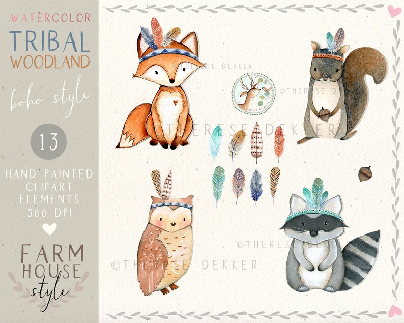 Woodland Tribal Animals Clipart Watercolor Tribal Clipart - Etsy