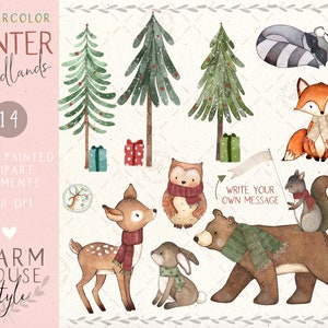 Christmas Clipart, Winter Woodlands Clipart, Christmas Woodland Animal ...