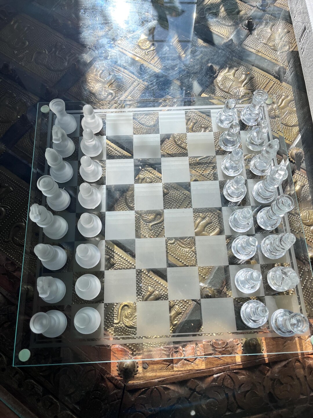 VINTAGE Glass Chess Set 32 Chessmen Board Game Checkers 3” Kings ...