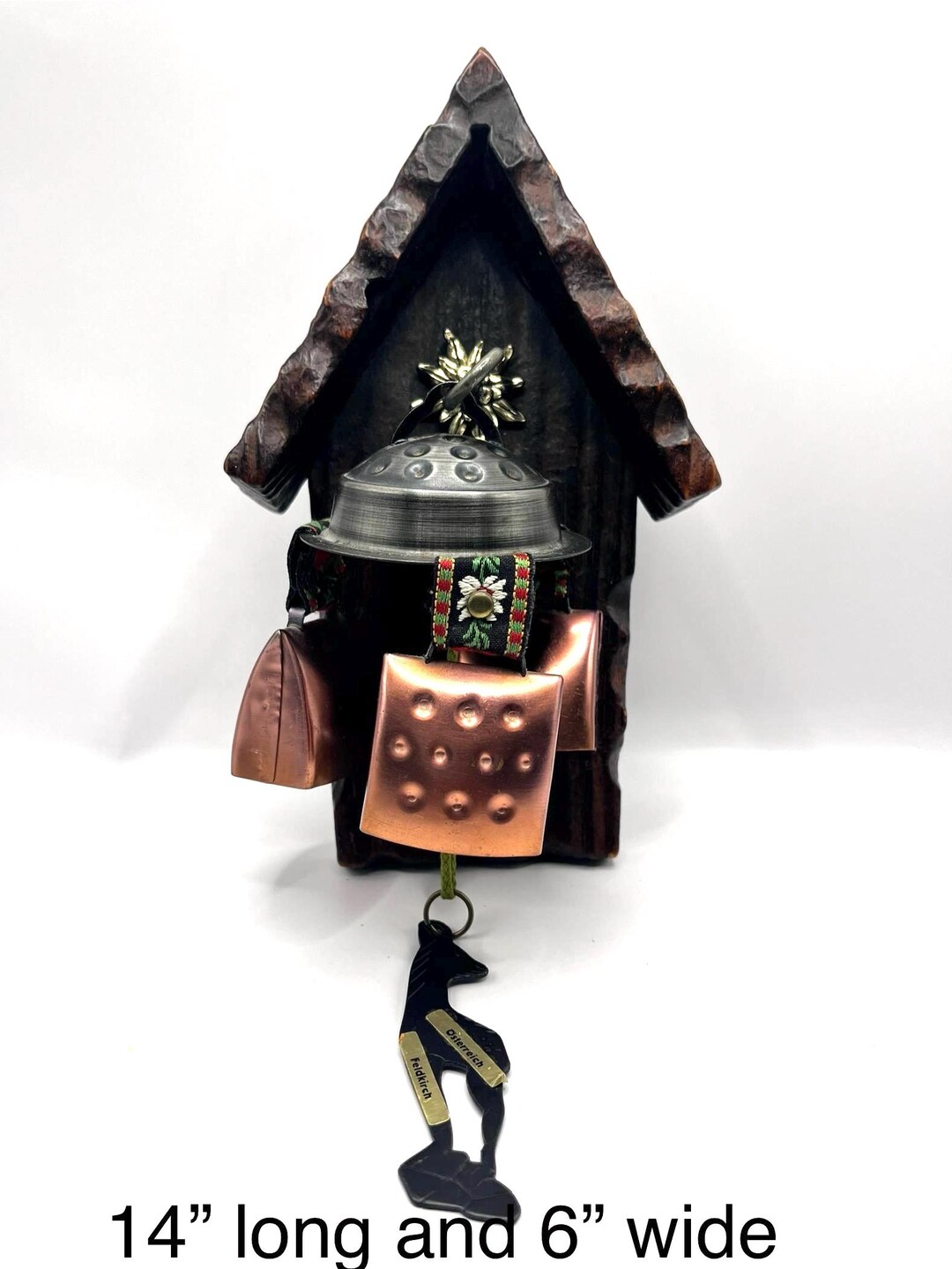 Vintage German Style Hanging Metal Cowbells Fabric Strap Farmhouse Wind ...