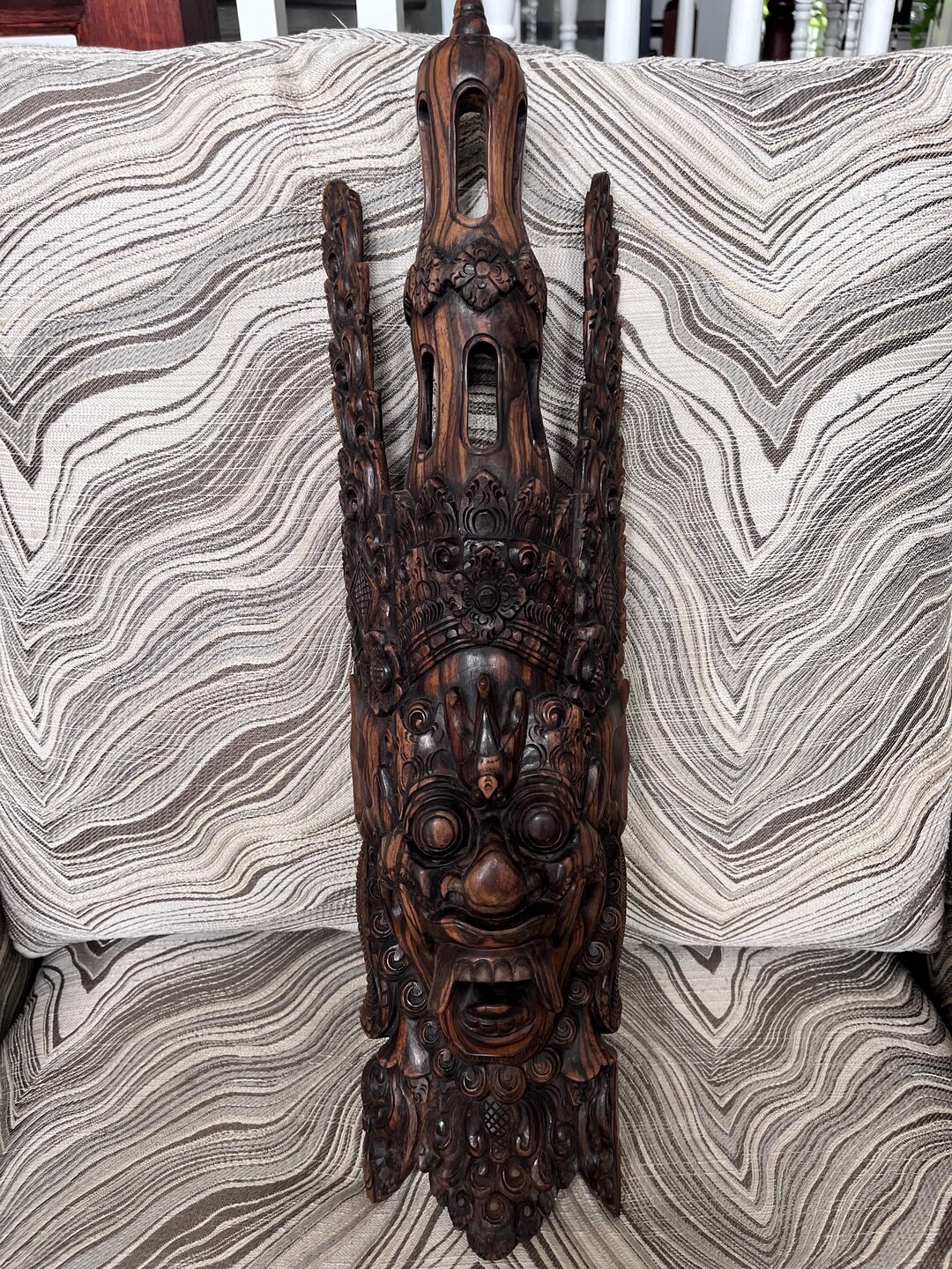 Balinese Bali 21” Wood Carved Three Tier Barong Mask Totem Sculpture ...