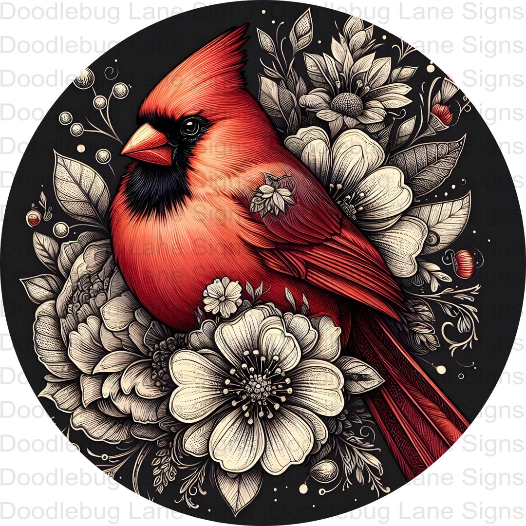 Red Cardinal Drawing Wreath Sign-cardinal Wreath Sign-round Aluminum ...