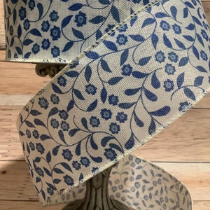 2.5" X 5 Yards Blue Flower on Cream Ribbon - Spring Ribbon - Wired ...