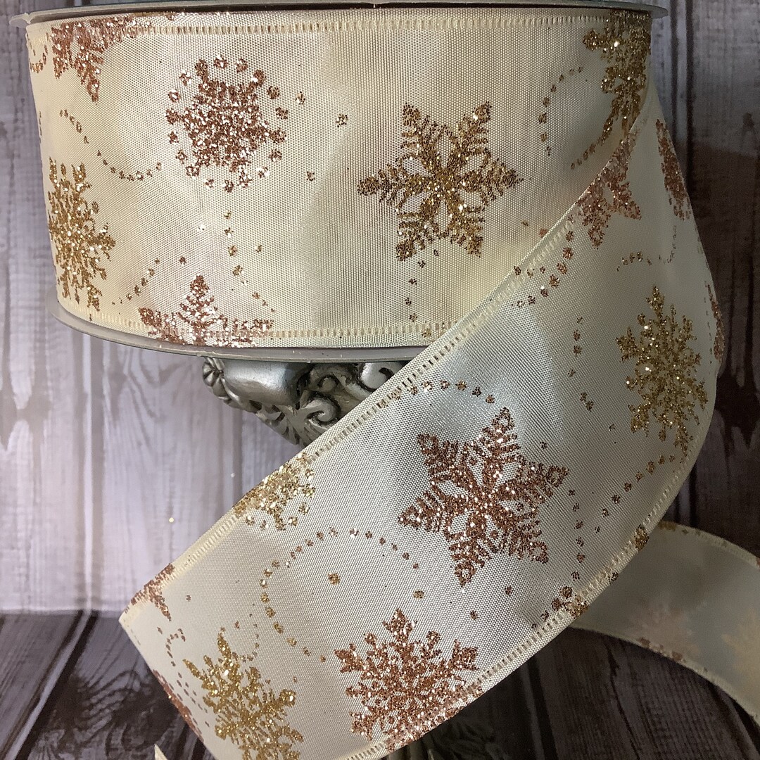 2.5" Christmas Ribbon - Wired Edge Ribbon - Gold Snowfakes - Rose Gold ...