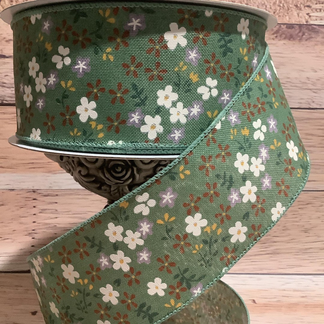 2.5" X 5 Yards - Green Floral Wired Ribbon - Small Wildflowers - Spring ...