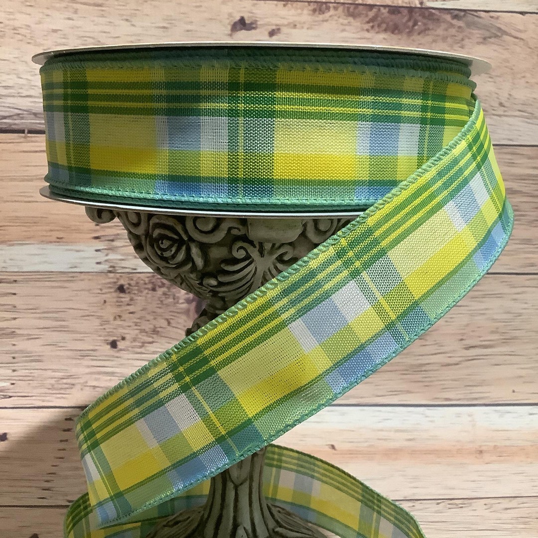 1.5" X 5 Yards Yellow and Blue Plaid Ribbon - Spring Ribbon-lemon ...