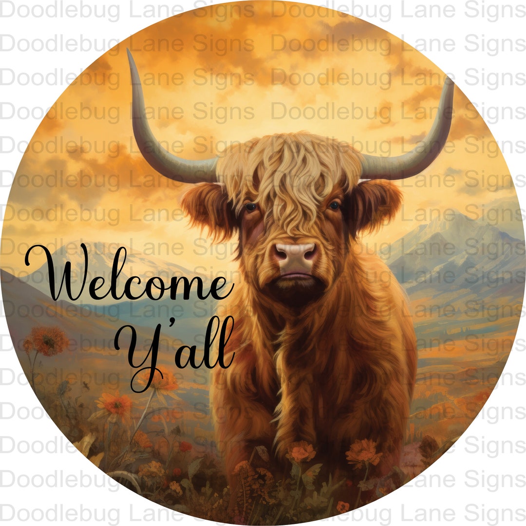 Welcome Y'all Highland Cow Wreath Sign Welcome Cow Sign-farmhouse ...