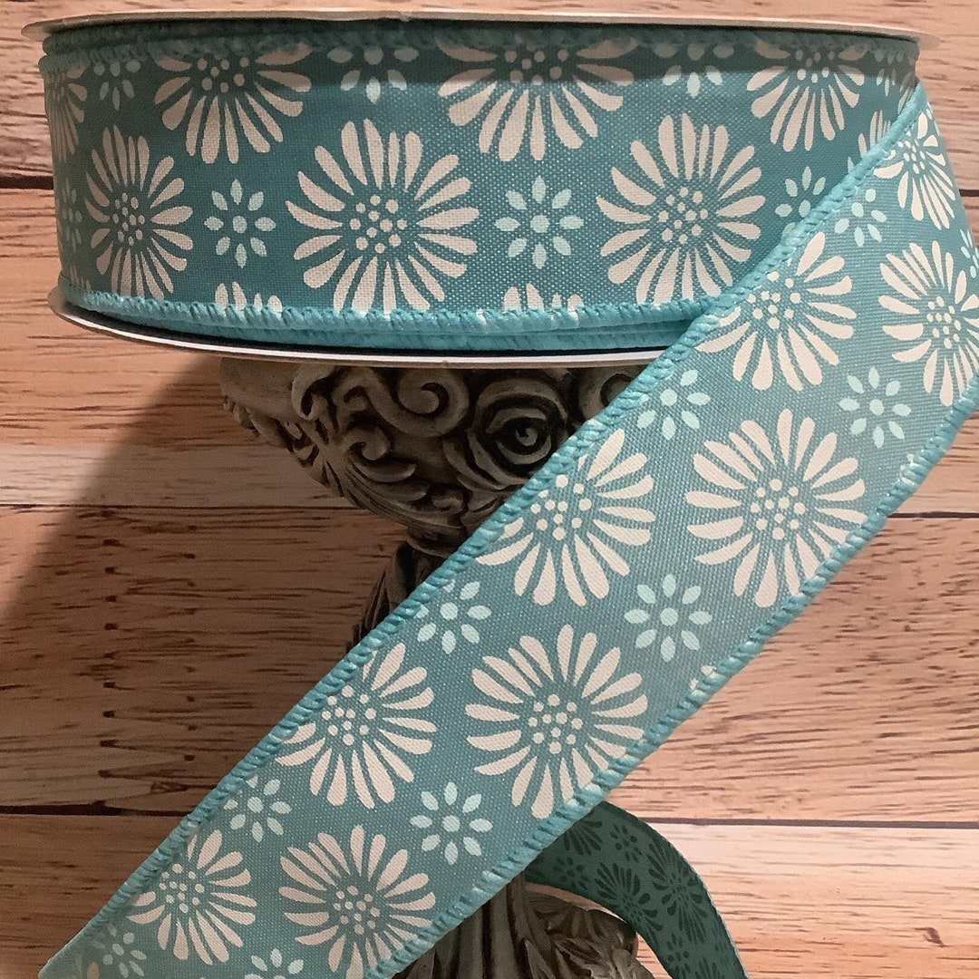 1.5" X 5 Yards Teal Ribbon With White Flowers - Wired Ribbon - Floral ...