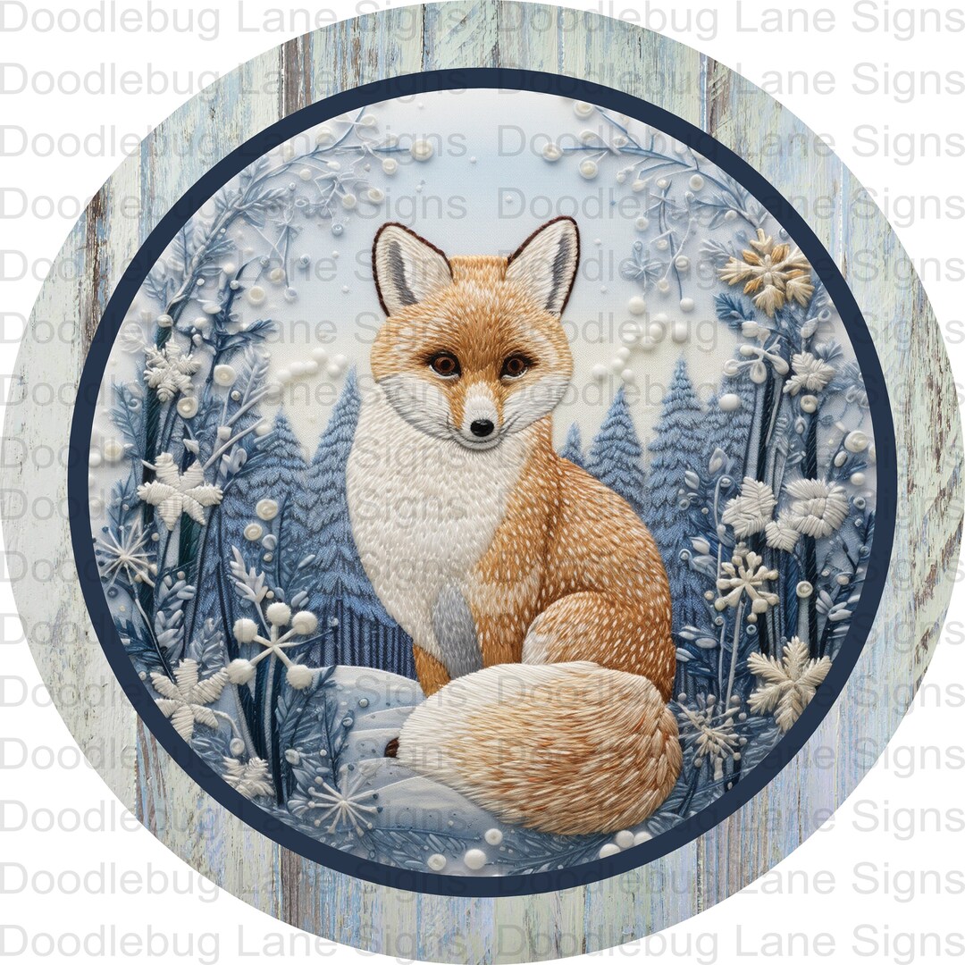 Winter Fox Wreath Sign-red Fox-woodland Animals-round Wreath Sign-metal Wreath Sign-doodlebug ...