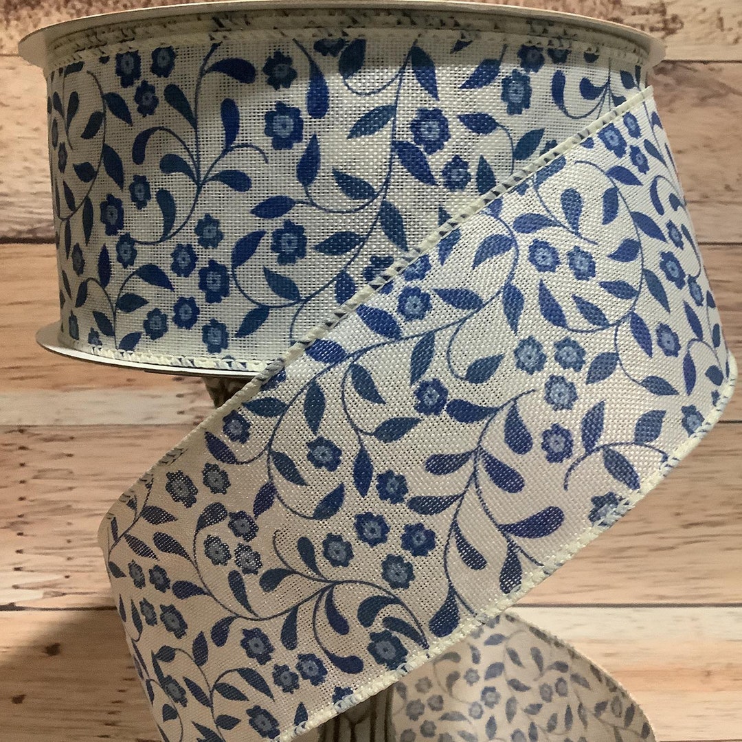 2.5" X 5 Yards Blue Flower on Cream Ribbon - Spring Ribbon - Wired ...