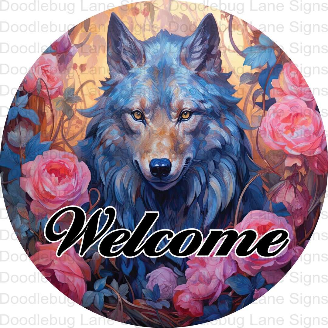 Welcome Wreath Sign - Wolf Welcome Sign - Floral Wolf Sign - Metal ...