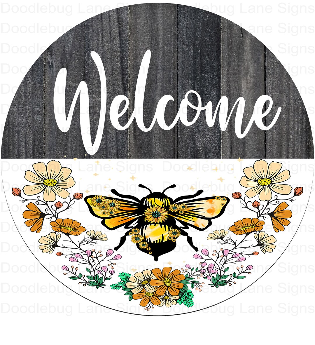 Welcome Wreath Sign-bee Wreath Sign-wildflowers-faux Wood-welcome Door ...