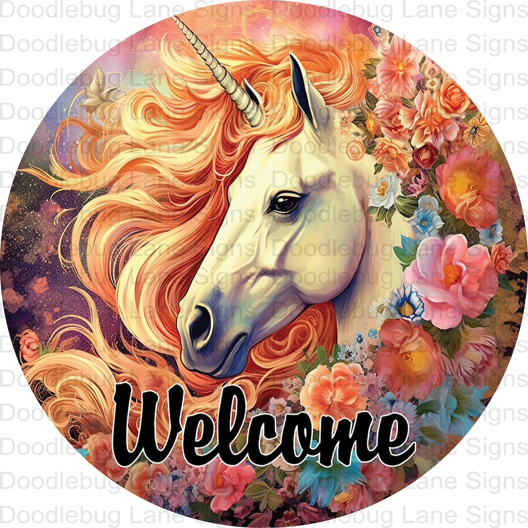 Welcome Unicorn Wreath Sign - Magical Unicorn Sign - Floral Wreath Sign ...