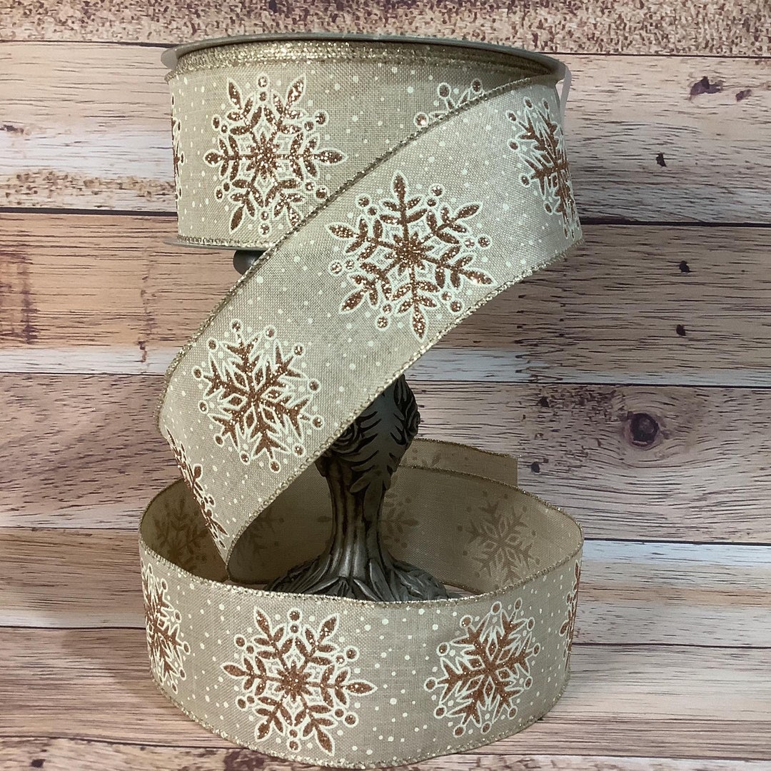 Christmas Ribbon-snowflake Ribbon-tan With Rose Gold Snowflakes-wired ...