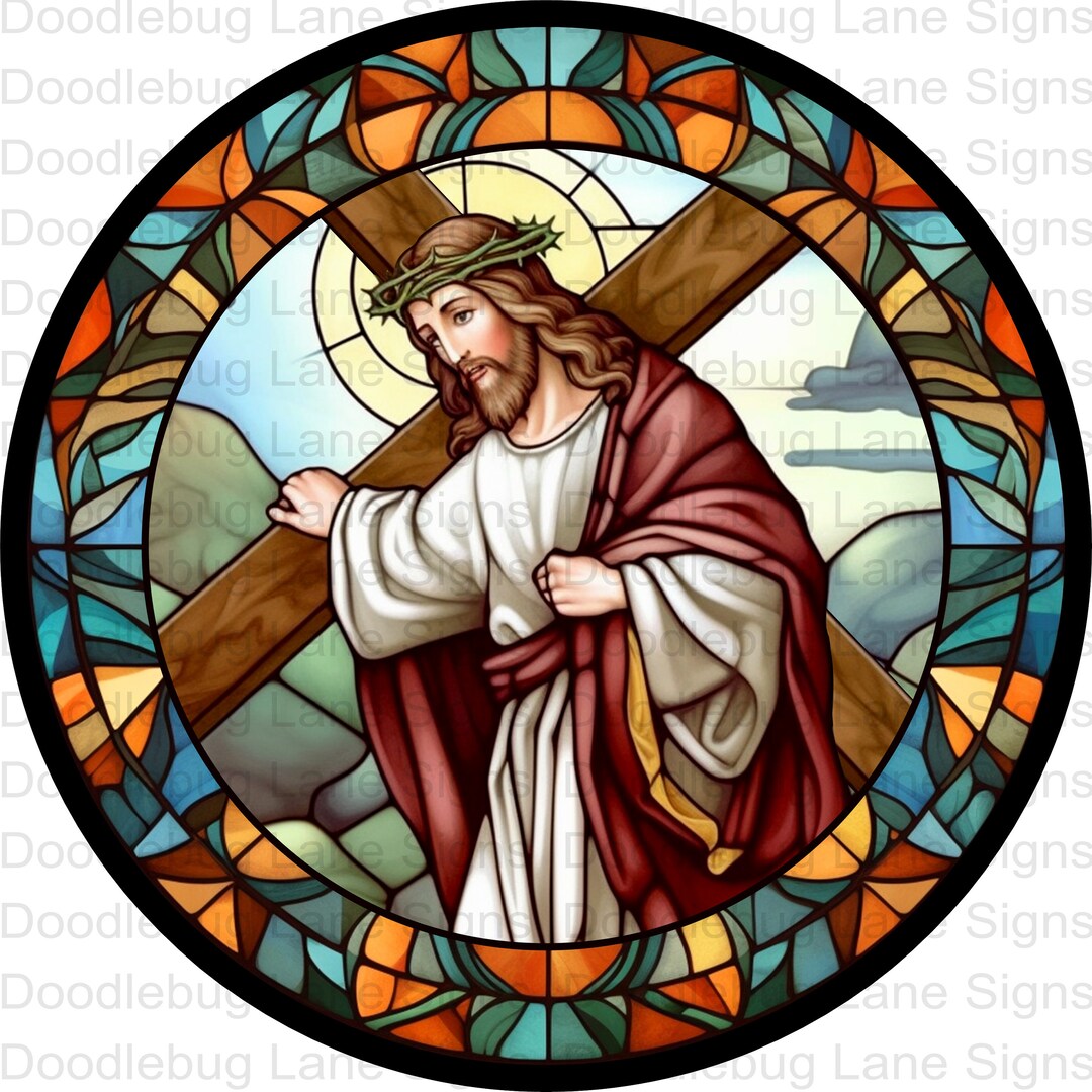 Faux Stained Glass Wreath Sign - Jesus Stained Glass Wreath Sign ...