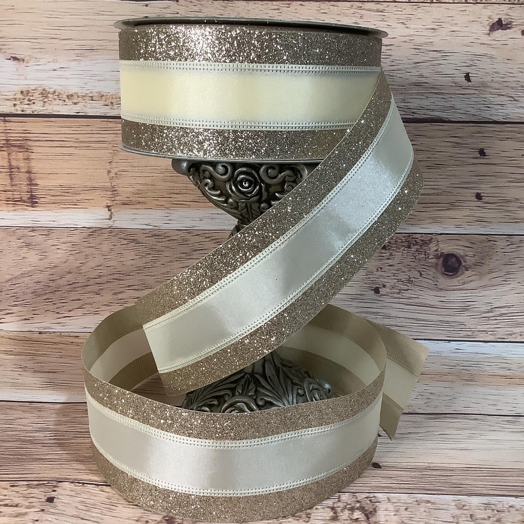 Ivory and Gold Glitter Ribbon-christmas Ribbon-2.5" X 5 Yards-holiday ...