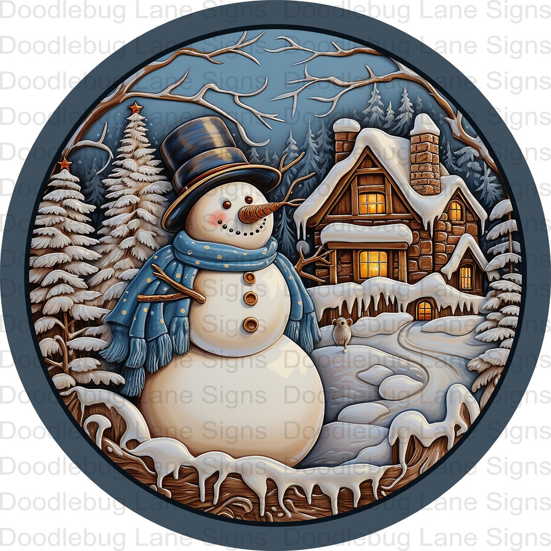 Snowman Wreath Sign Winter Wreath Sign Snow Scene Winter Cabin Round ...
