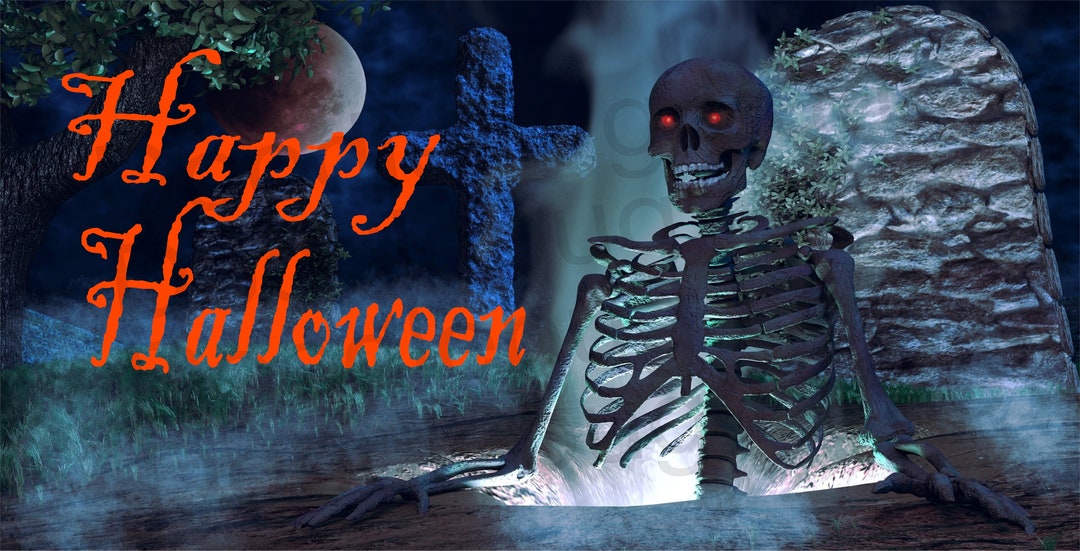 Halloween Wreath Sign - Happy Halloween - Skeleton - Graveyard ...