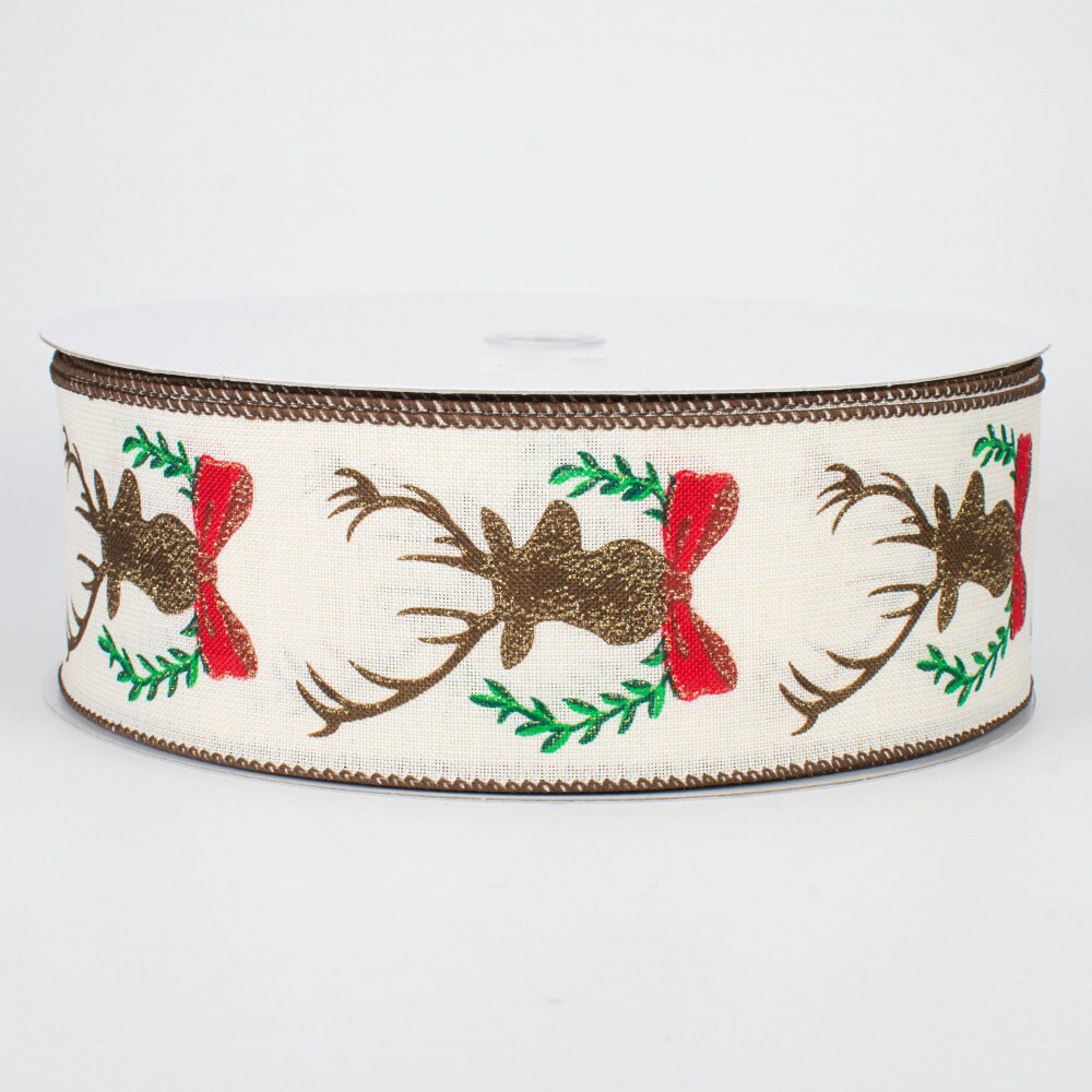 Wired Ribbon Glittered Holiday Deer on Cream Ribbon | Etsy