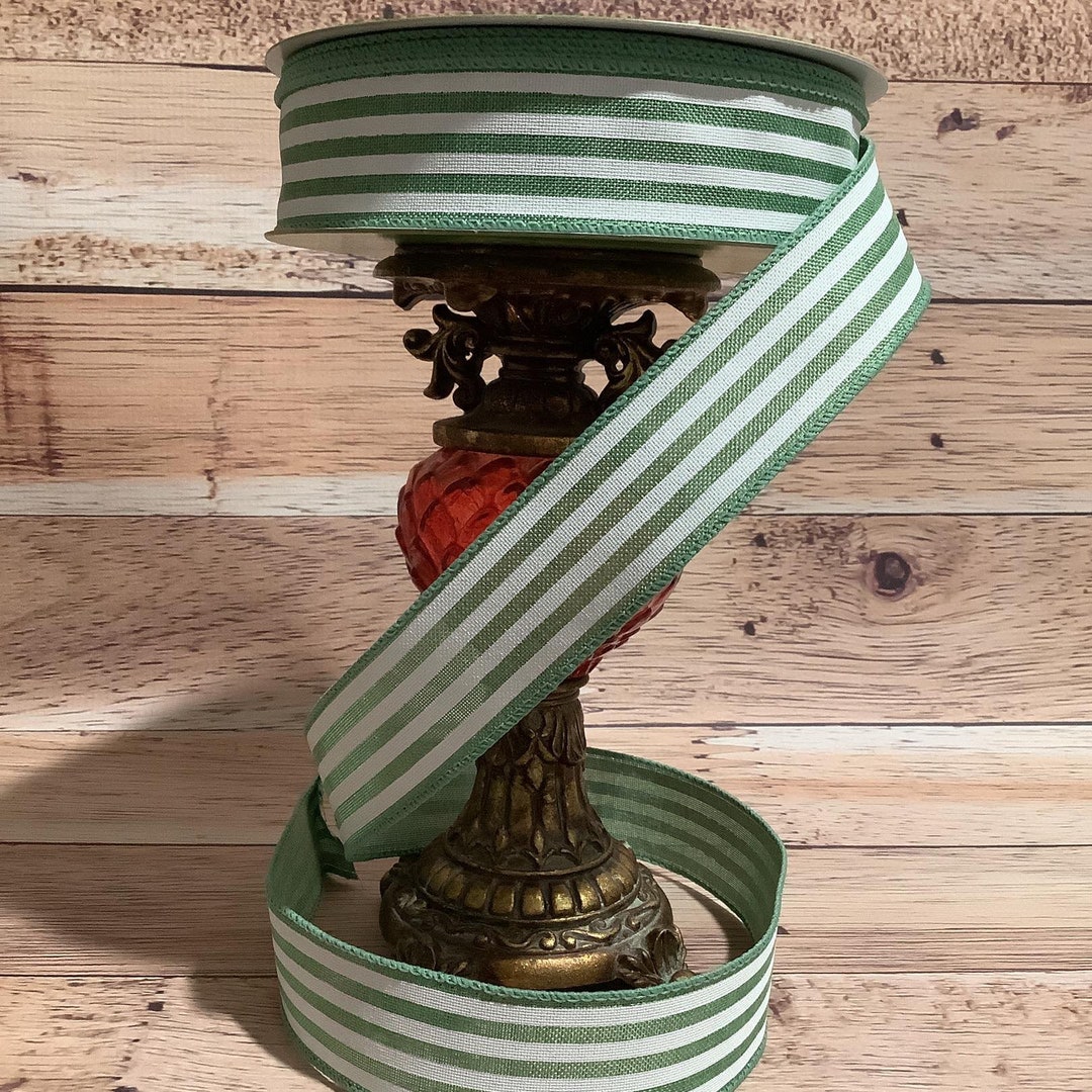 1.5" X 5 Yard Green and White Striped Ribbon-horizontal Stripe-wired ...