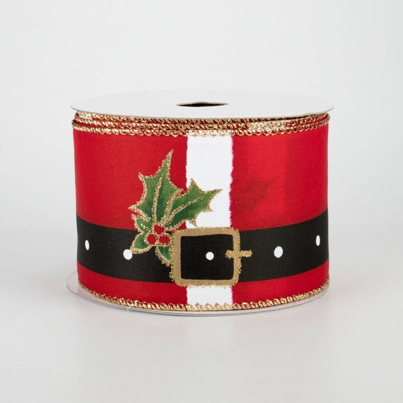 Wired Ribbon Holly Santa Belt Ribbon Christmas Ribbon | Etsy