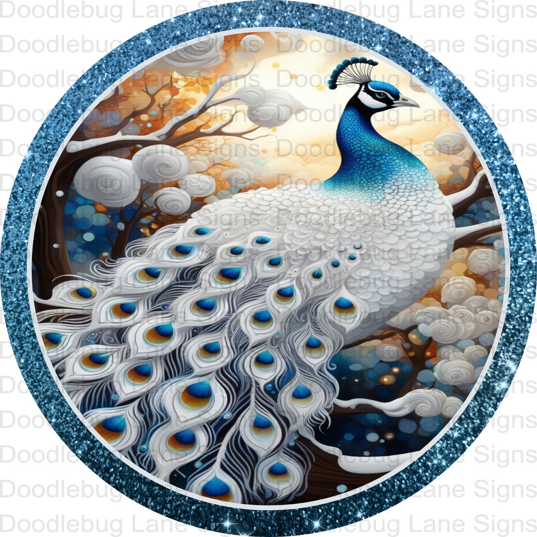 Peacock Wreath Sign - White Peacock - Blue and White - Round Wreath ...