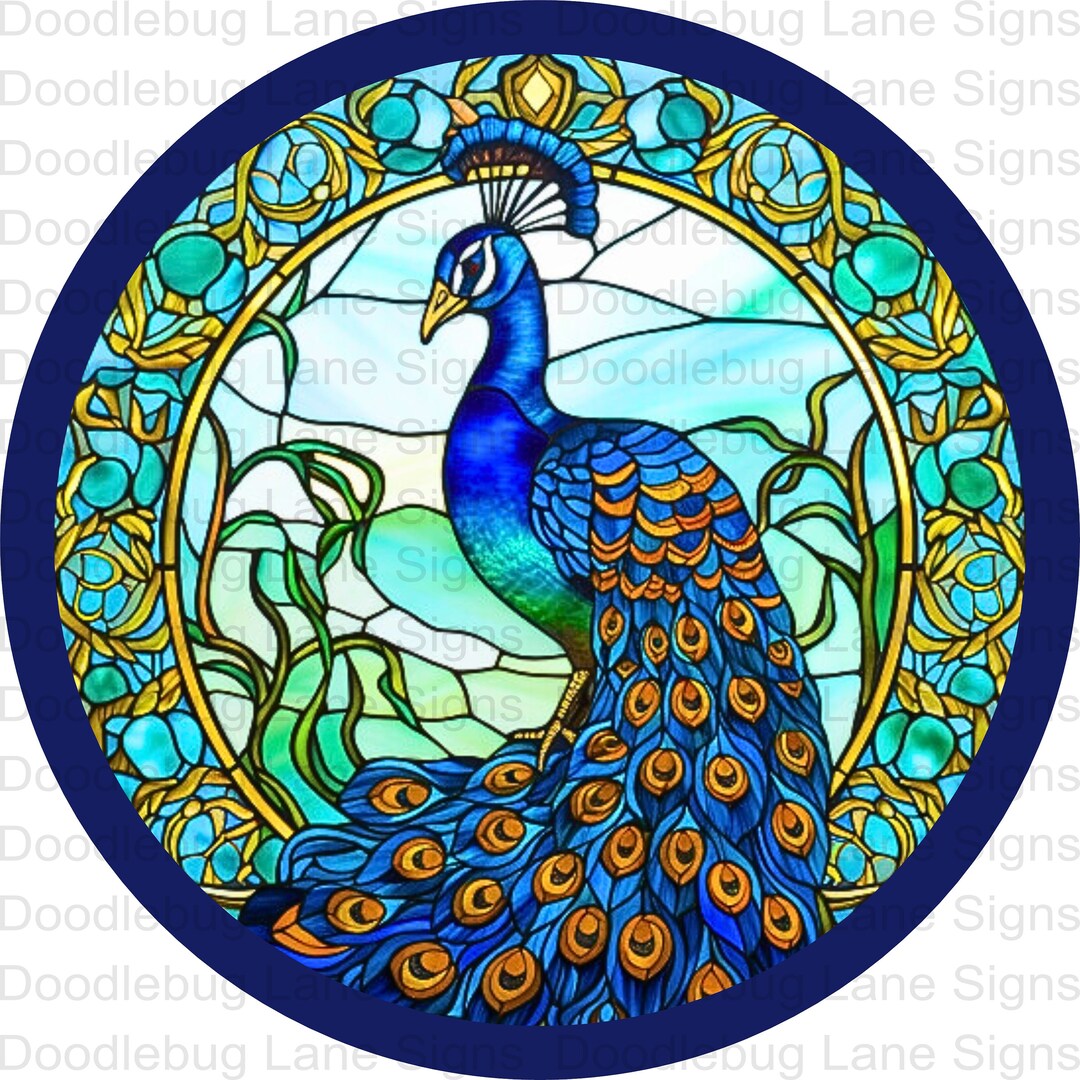 Round Faux Stained Glass Peacock Wreath Sign - Blue Peacock Sign ...