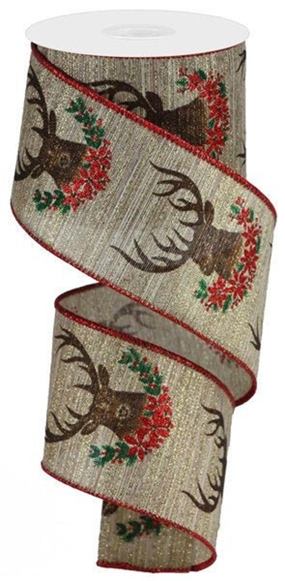 Wired Ribbon - Christmas Ribbon - Deer Ribbon - Poinsettia Decor - Man ...