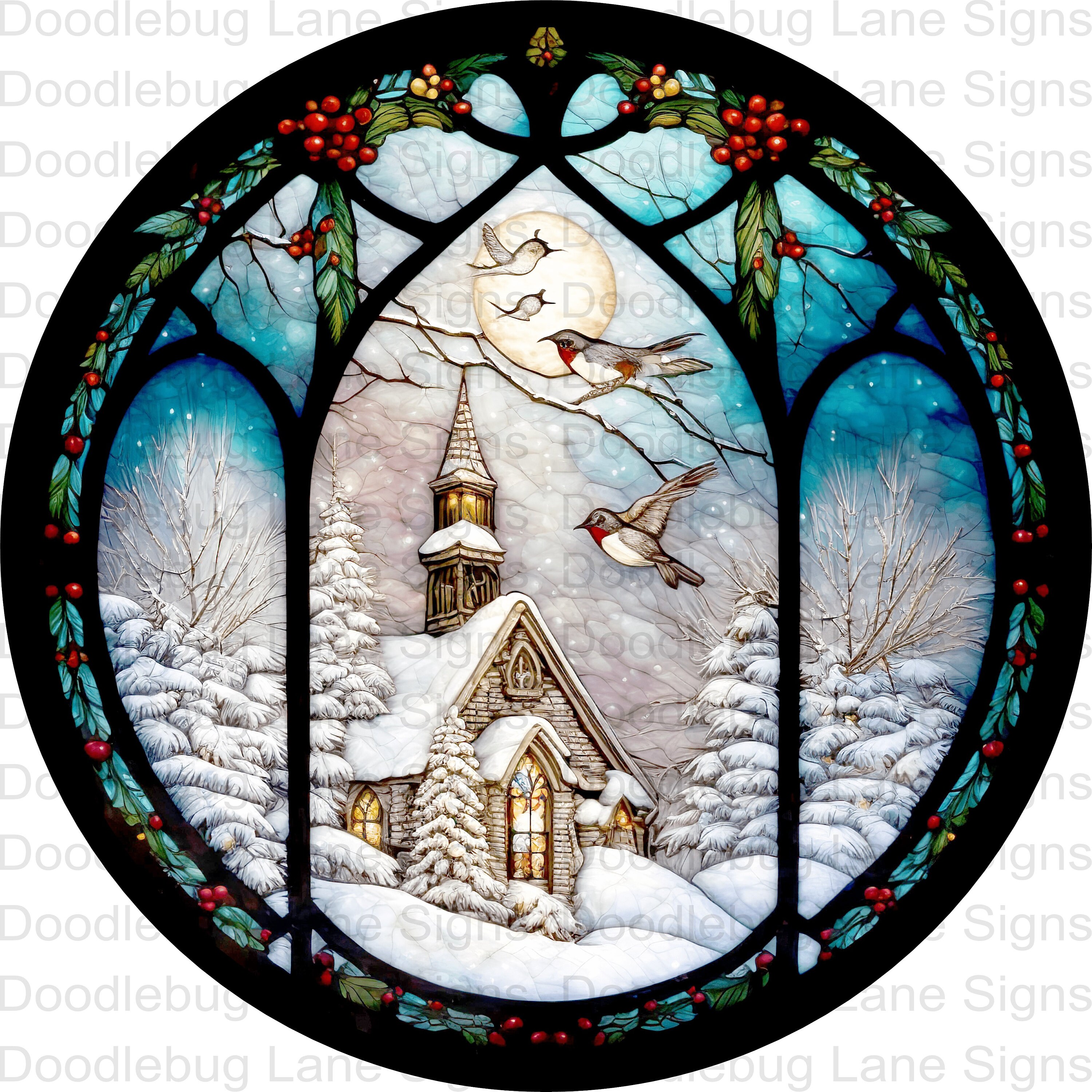 Winter Wreath Sign- Country Church-faux Stained Glass Wreath Sign-round ...