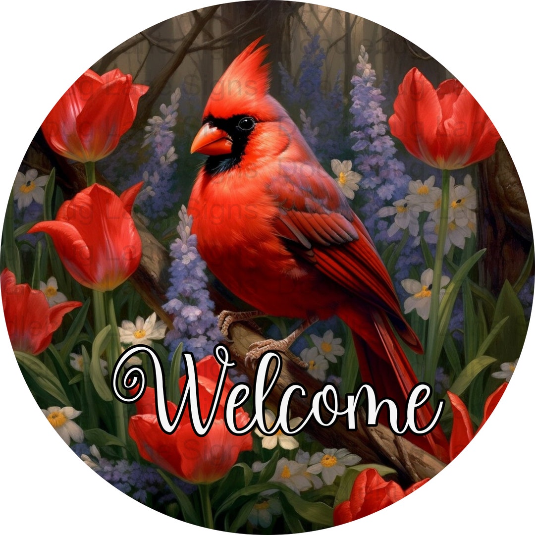 Welcome Cardinal Wreath Sign - Red Tulips - Floral Wreath Sign - Round ...