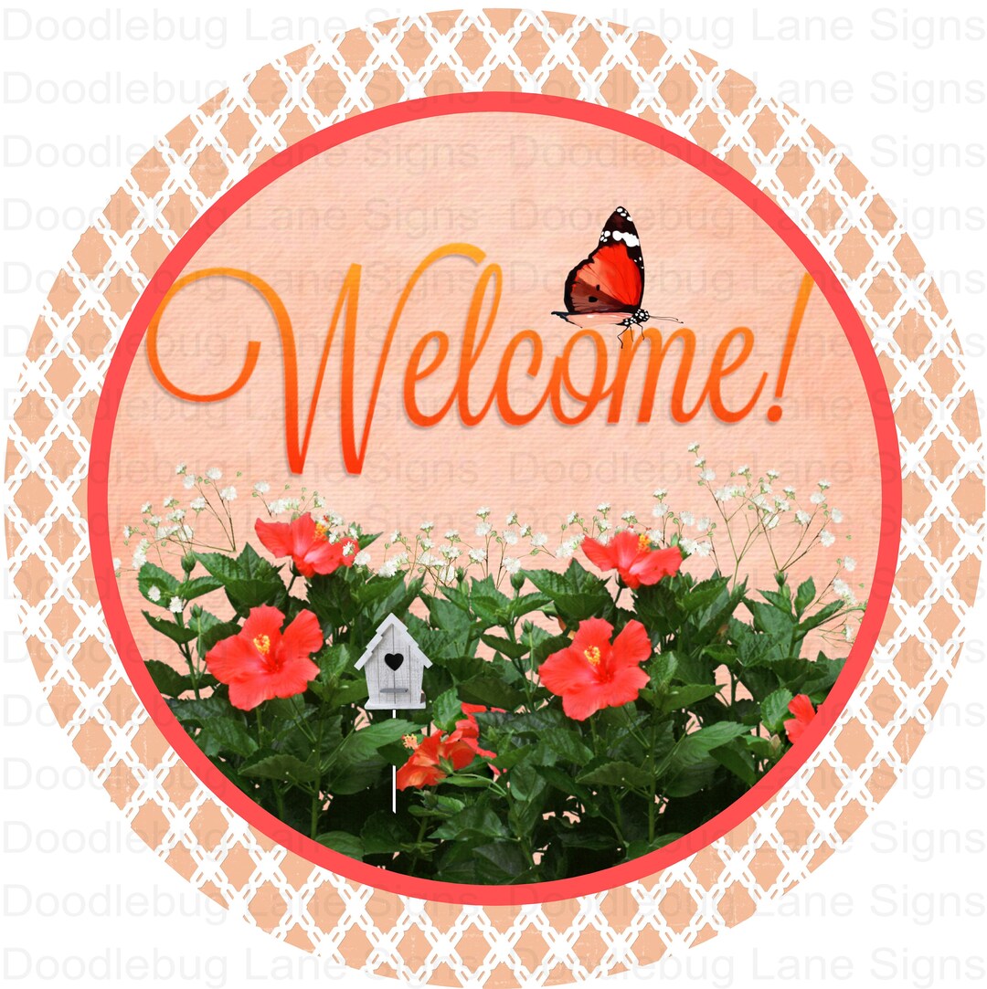 Welcome Wreath Sign-peach Hibiscus Flowers-butterfly and Birdhouse ...