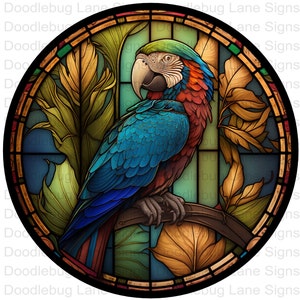 Faux Stained Glass Wreath Sign-macaw Sign-bird Wreath Sign-round Wreath ...