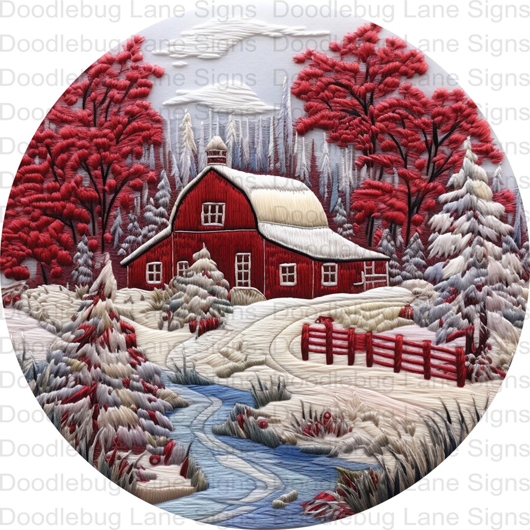 Winter Wreath Sign-winter Scenery- Winter Farm Scene-round Wreath Sign ...