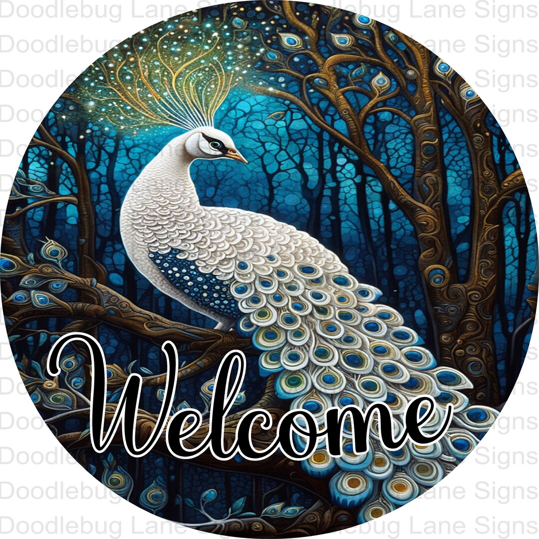 Welcome Wreath Sign - Peacock Welcome Sign - White Peacock - Round ...
