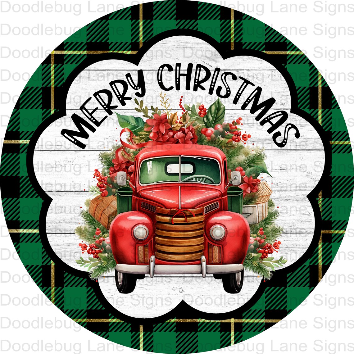 Merry Christmas Wreath Sign-green Plaid-vintage Red Truck-christmas ...