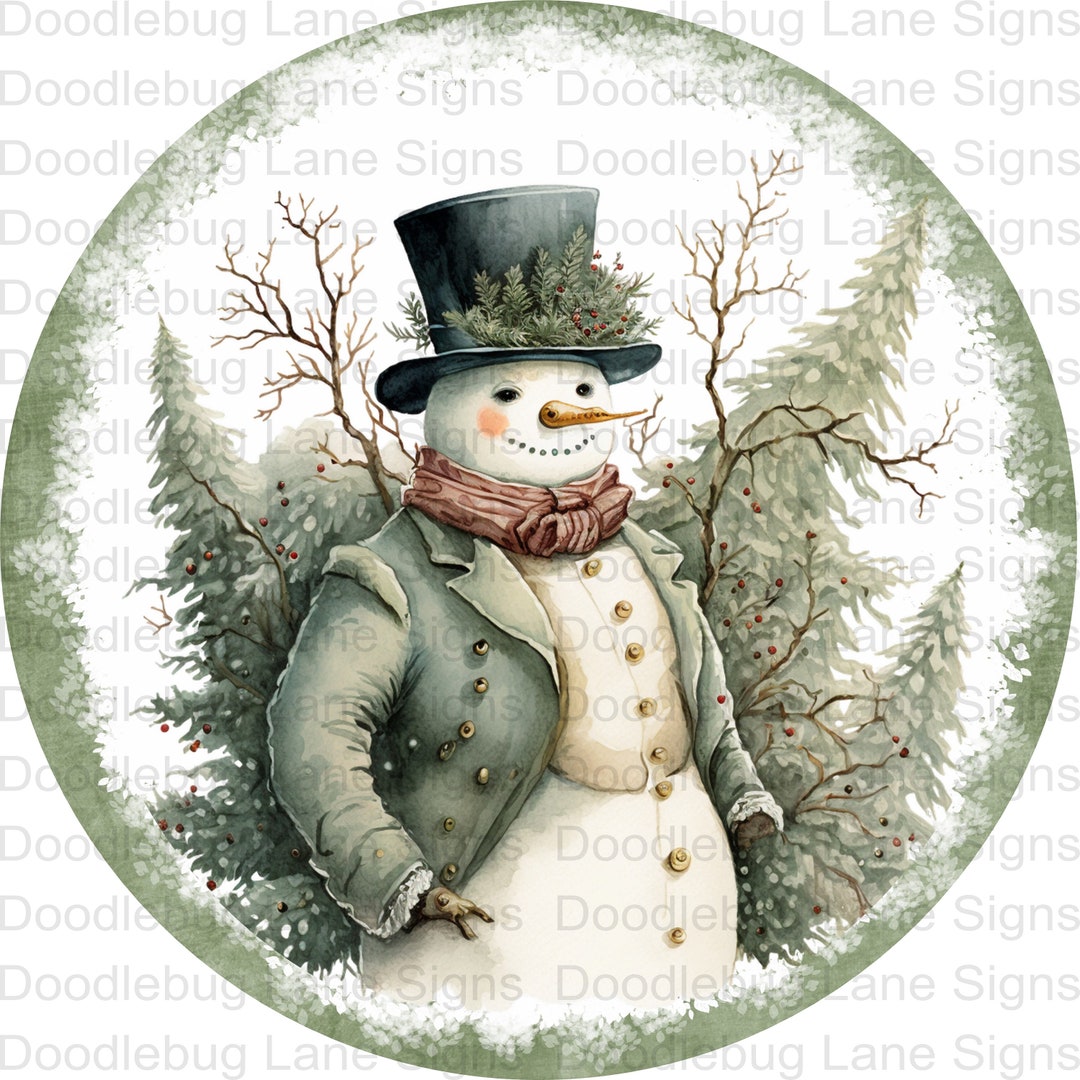 Snowman Wreath Sign - Victorian Snowman - Sage Green and White - Round ...